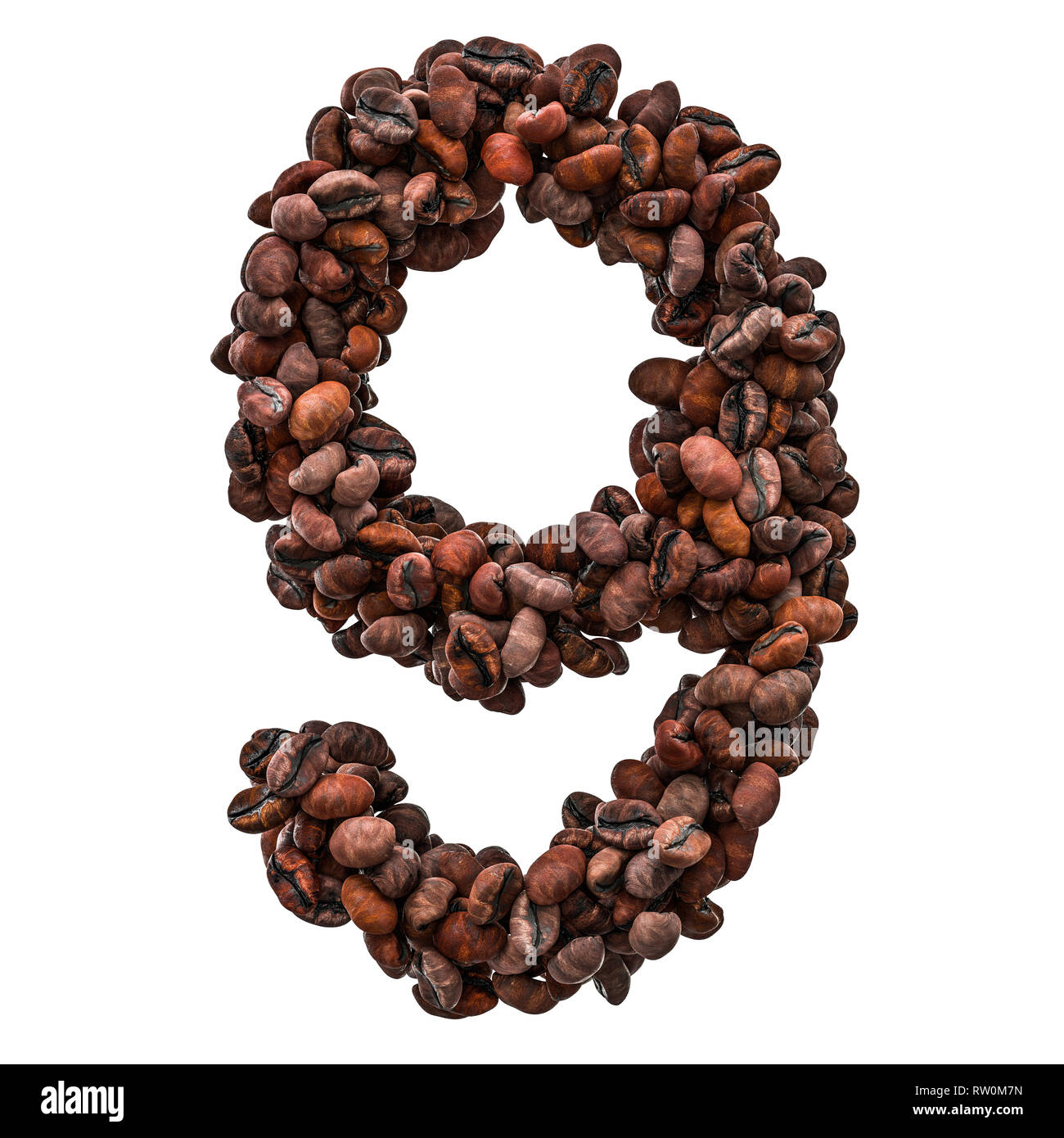 Number 9 from roasted coffee beans, 3D rendering isolated on white ...