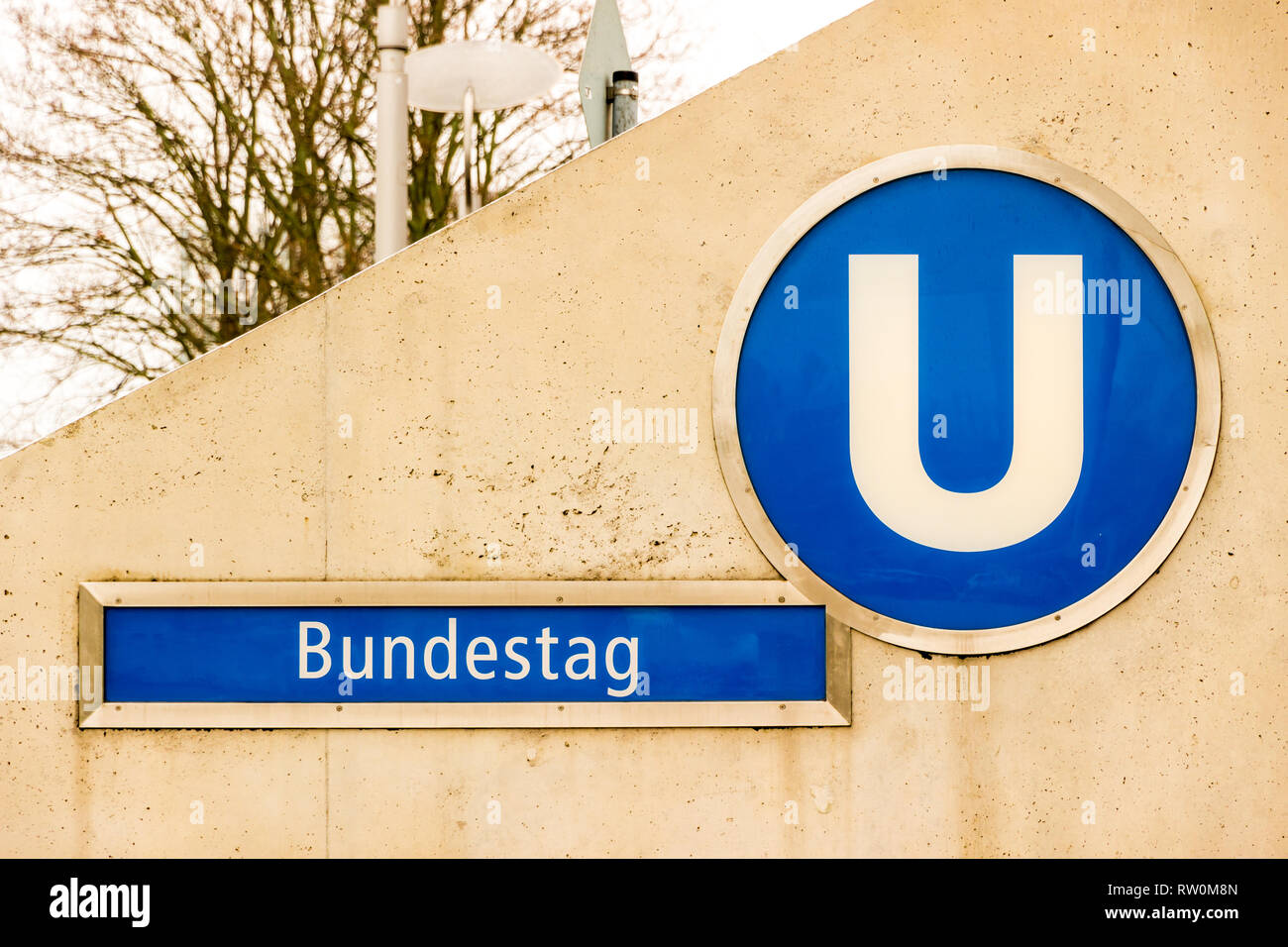 Berlin, Germany - December 19, 2017. A U-Bahn station sign at Bundestag ...