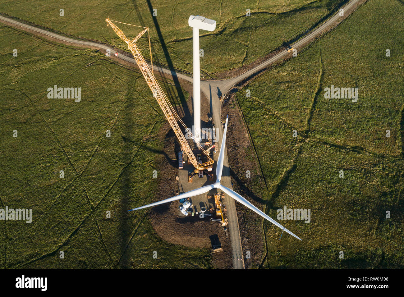 An unusual view of wind turbine construction showing the propellor ...