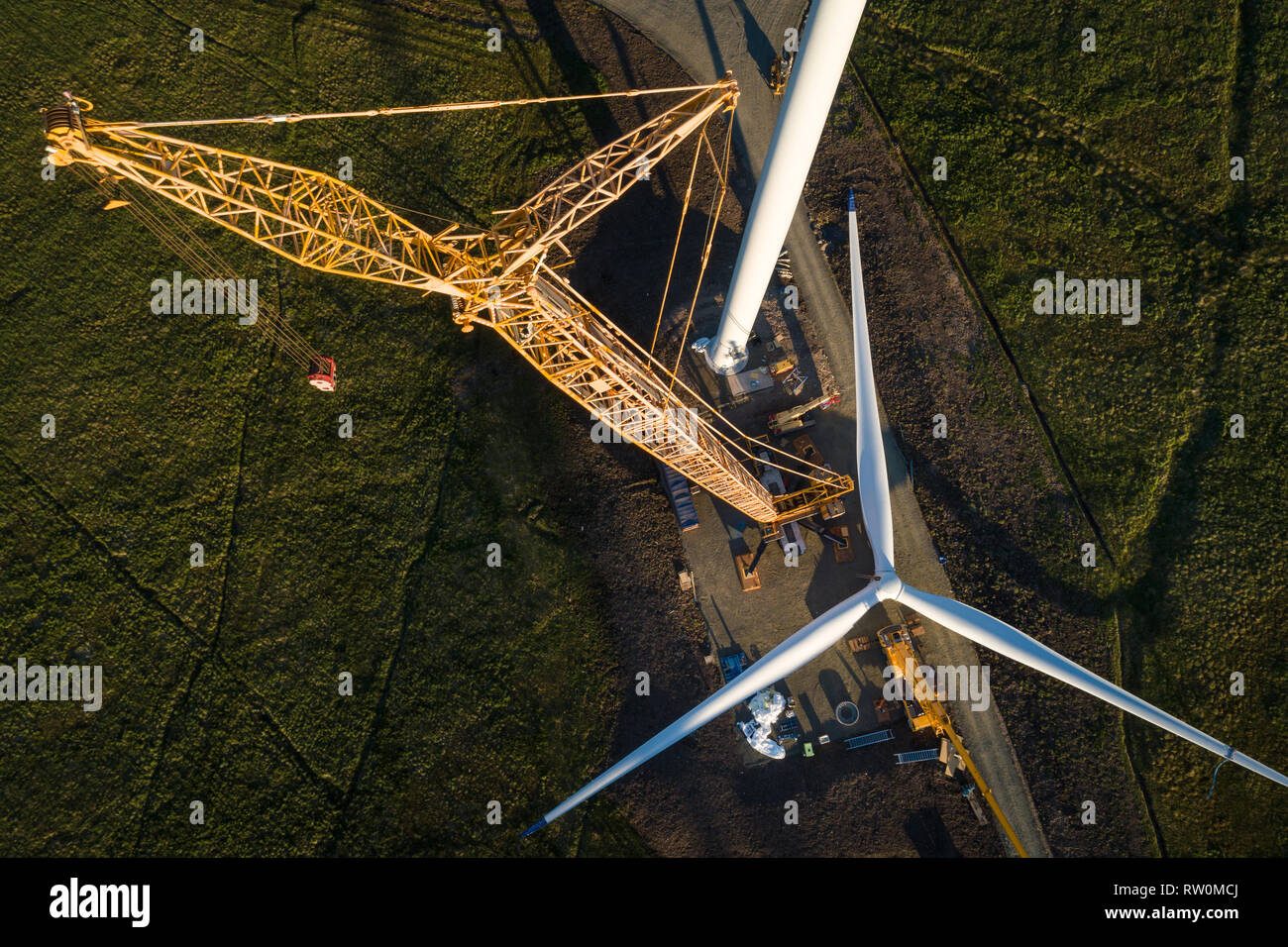 An unusual view of wind turbine construction showing the propellor ...