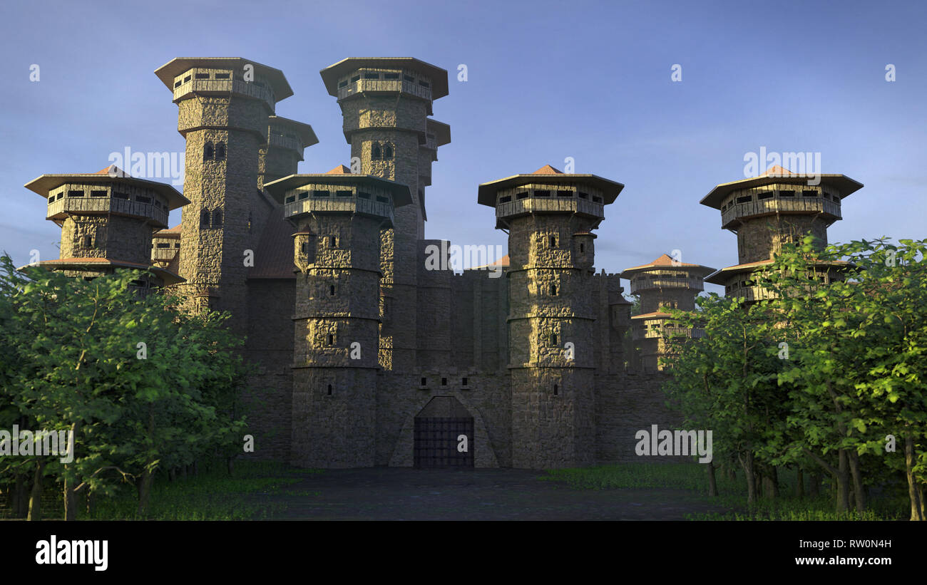 castle in forest, medieval builing surrounded by trees Stock Photo - Alamy