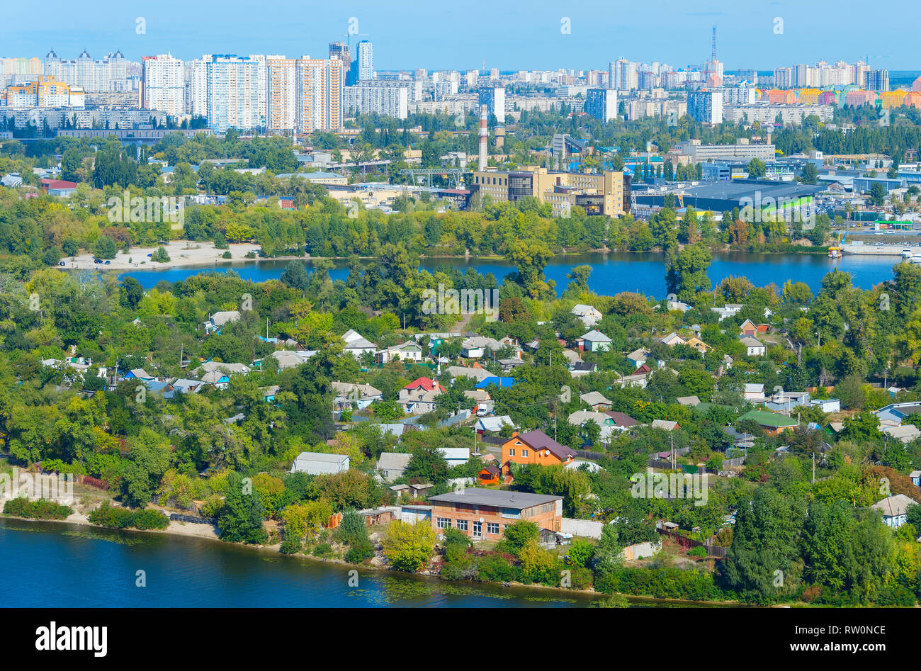 Aerial view of Kiev cityscape with modern residential district of high ...