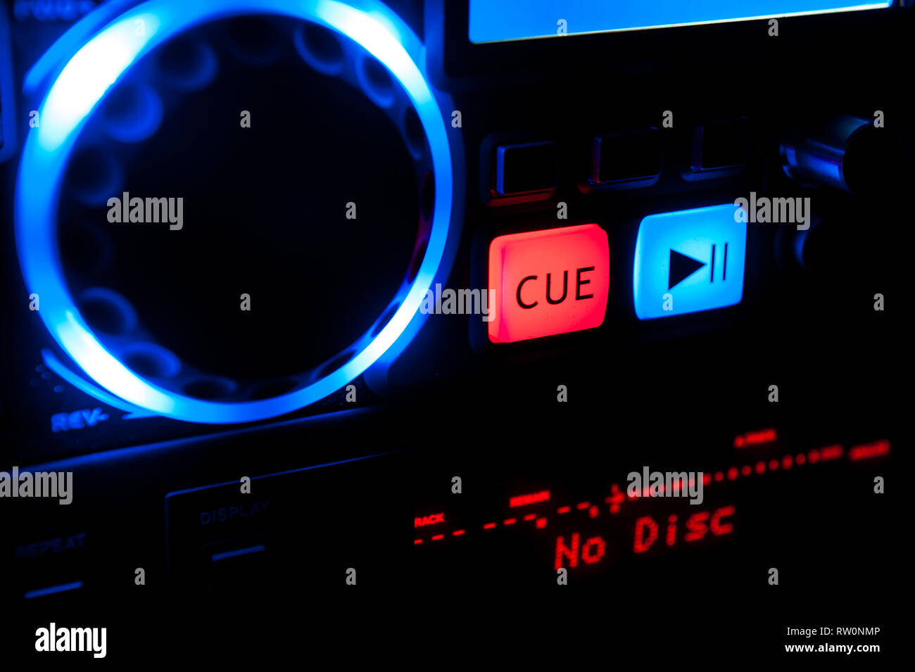 Blue and red buttons on record player, sound equipment Stock Photo - Alamy