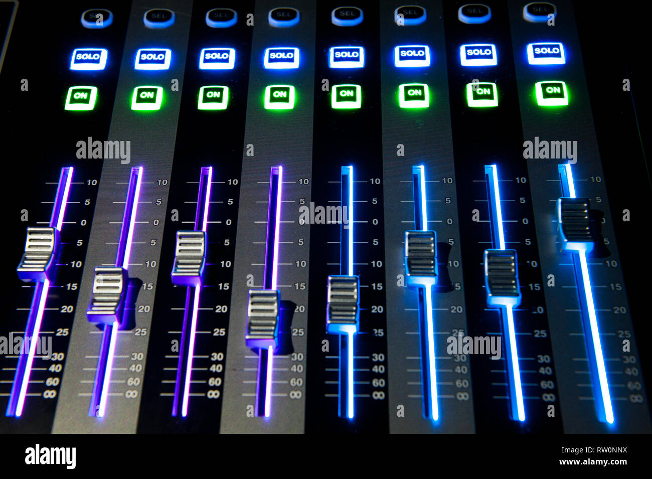 Sound control with LED backlight, sound equipment Stock Photo - Alamy