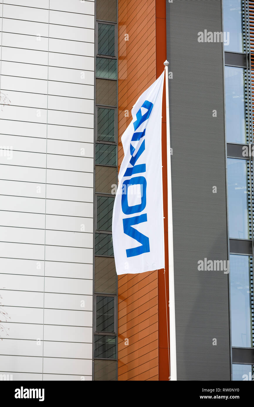 ESPOO, FINLAND - MARCH 03, 2019: White flags with Nokia company name ...