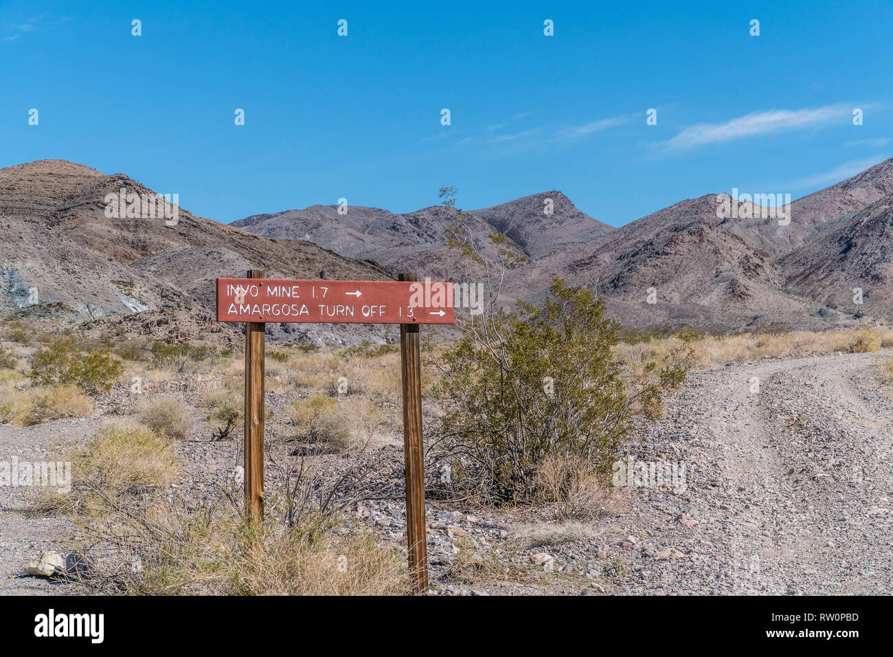 The road sign on the 4-wheel drive road showing the way to the Inyo ...