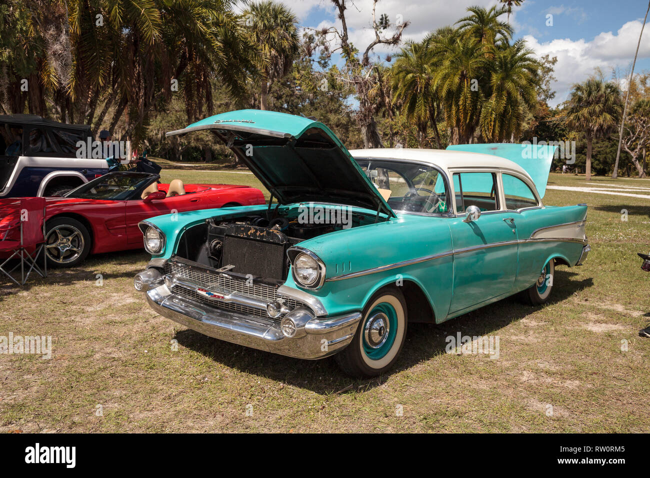 Estero, Florida, USA - February 23, 2019: Blue custom 1955 Chevrolet at ...