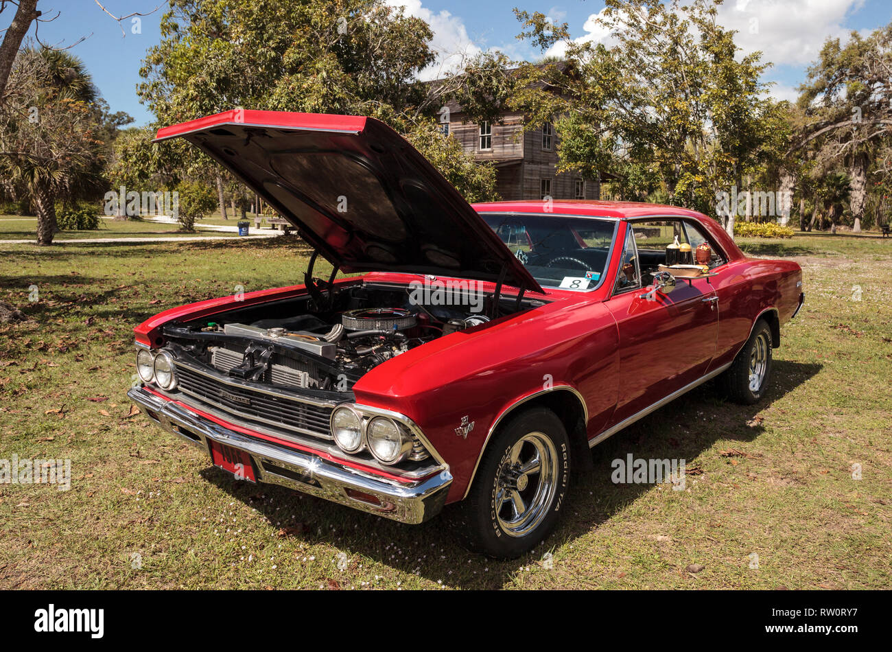 Estero, Florida, USA - February 23, 2019: 1966 Red 327 Chevrolet Malibu ...