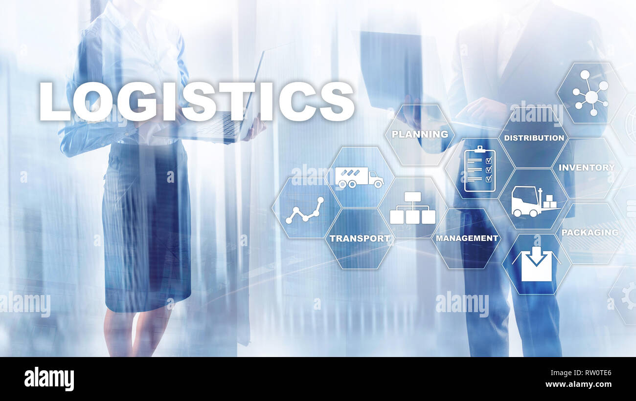 Logistic and transport concept. Businessman shows logistics diagram ...