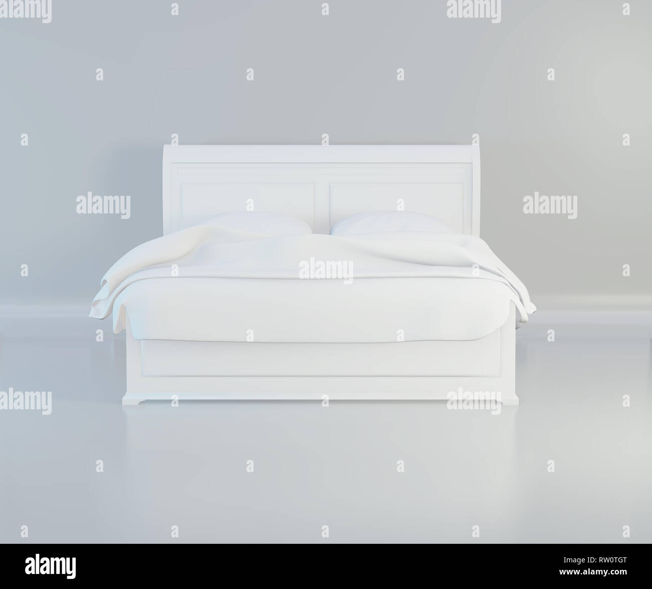 Bed with soft white pillows, front view. 3d rendering Stock Photo - Alamy