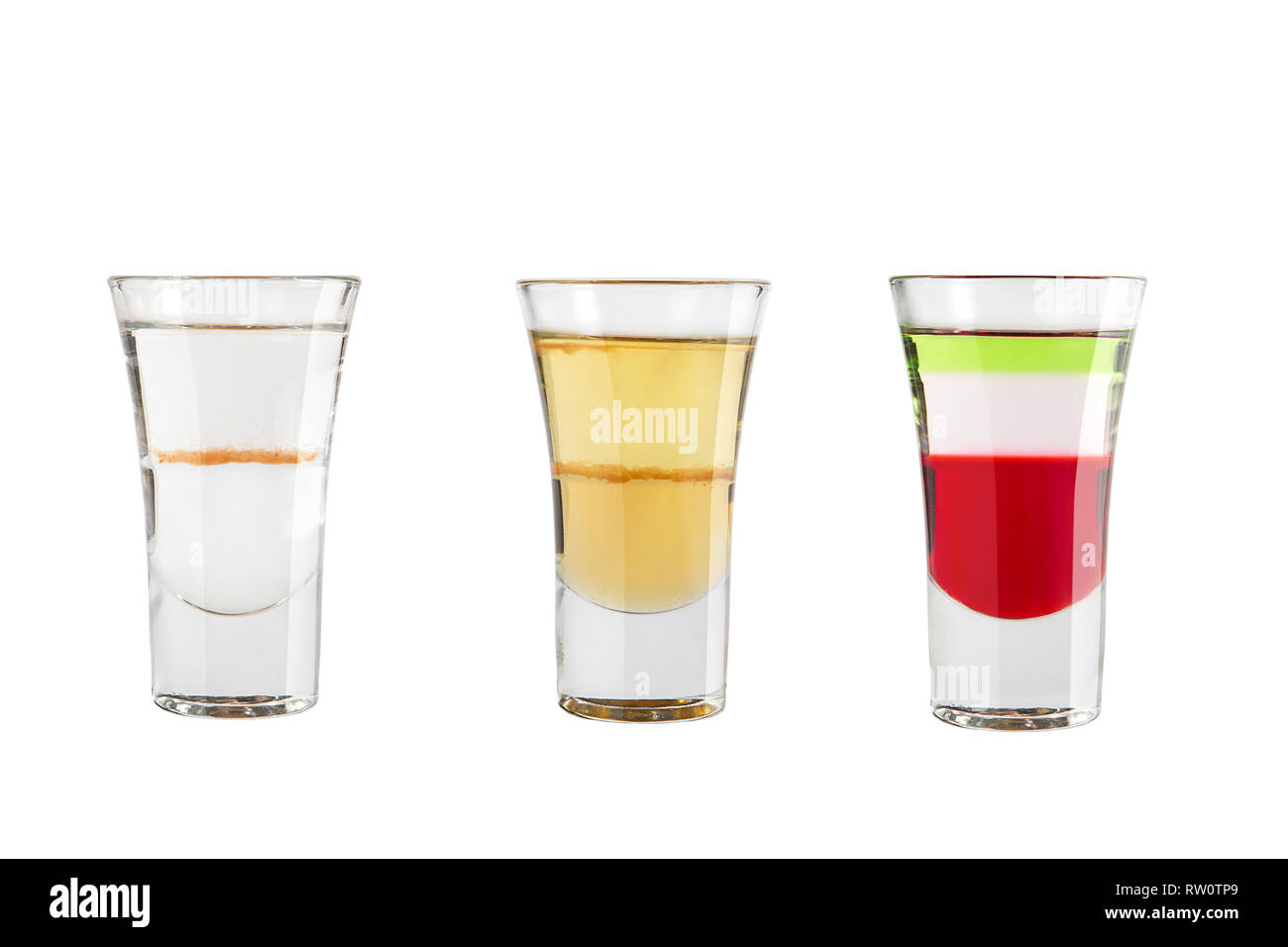 Set of alcohol shots on a white background. Three shots are popular ...