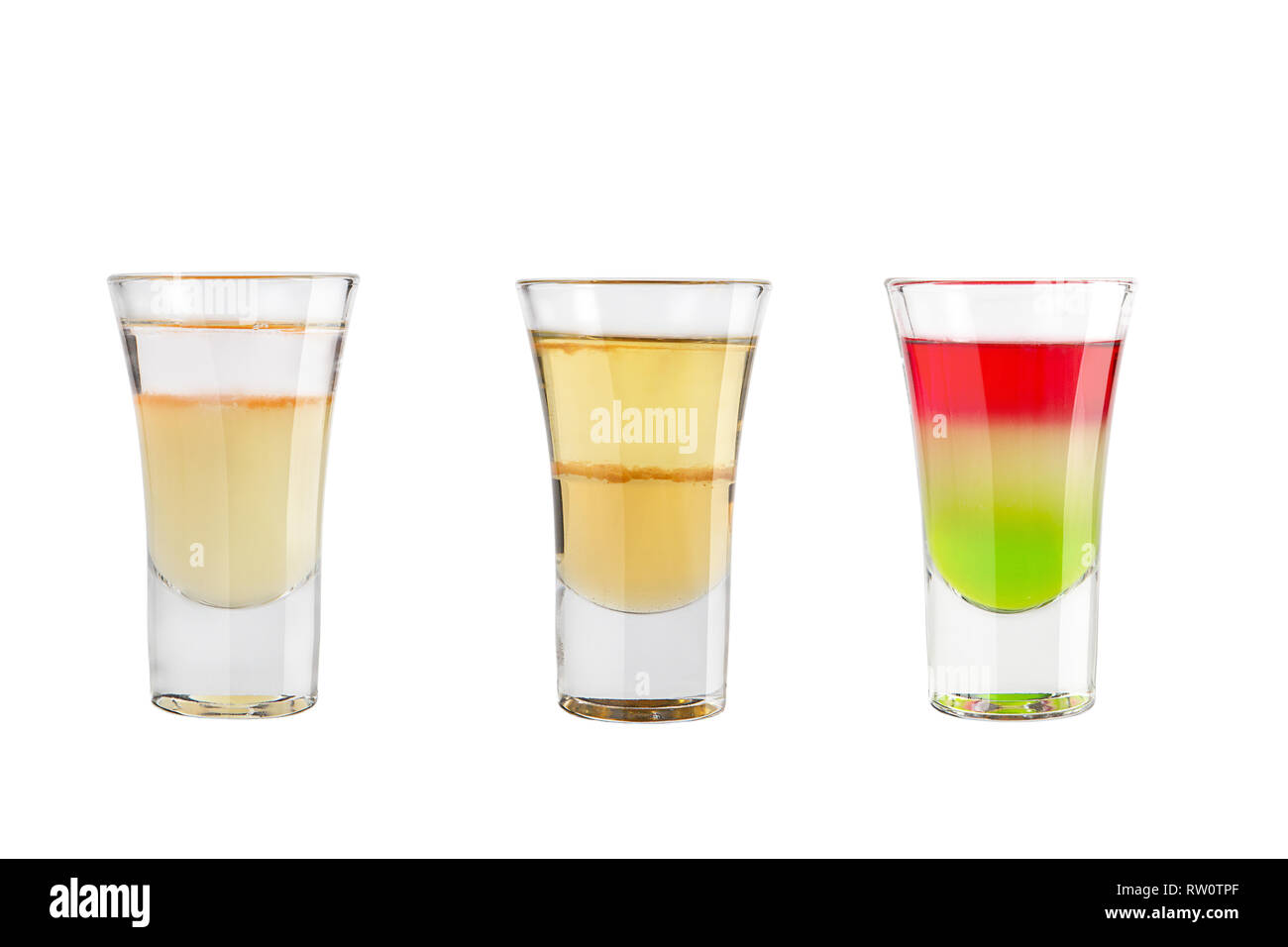 Set of alcohol shots on a white background. Three shots popular with ...