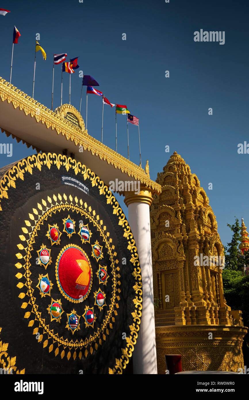Cambodia, Phnom Penh, City Centre, Wat Ounalom, giant symbolic ASEAN ...