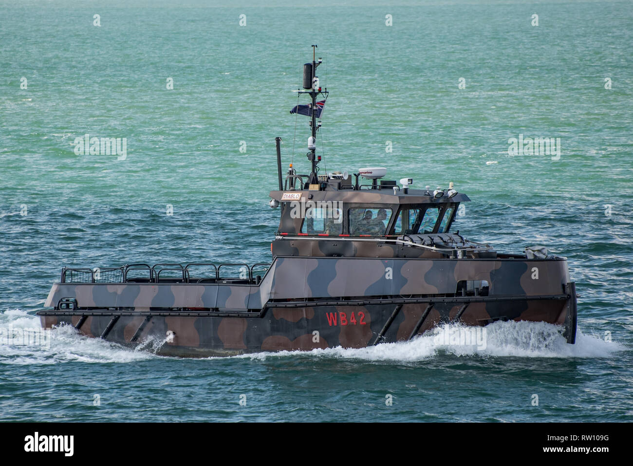 The British Army workboat "Diablo" (WB42) approaching Portsmouth, UK on the 24th June 2016 Stock ...