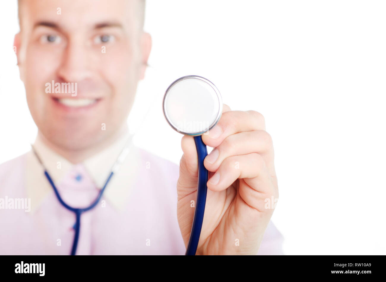 Doctor with a stethoscope bell in his hand on white background Stock ...
