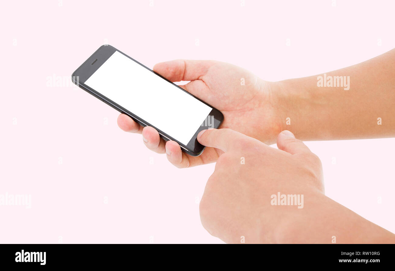 hand hol black phone isolated on pink background, blank screen Stock ...