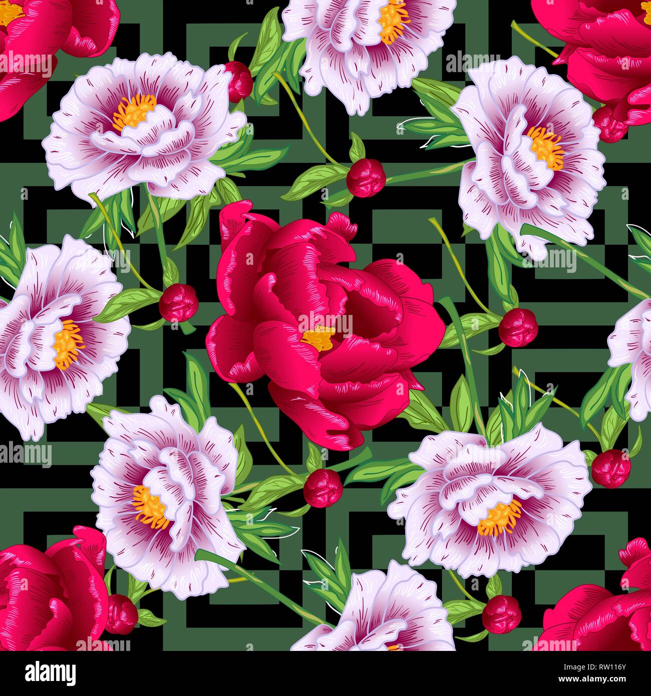 Vector red and pink peony floral botanical flowers. Engraved ink art ...