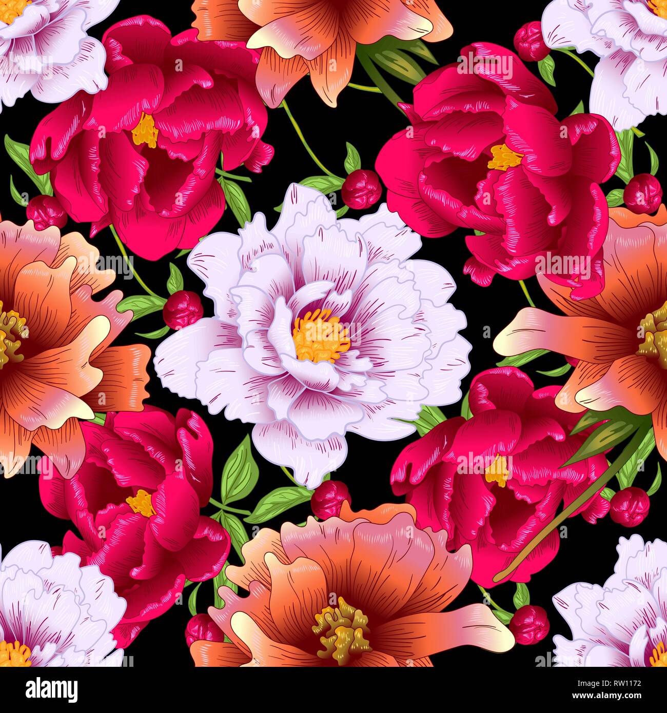 Vector red and pink peony floral botanical flowers. Engraved ink art ...