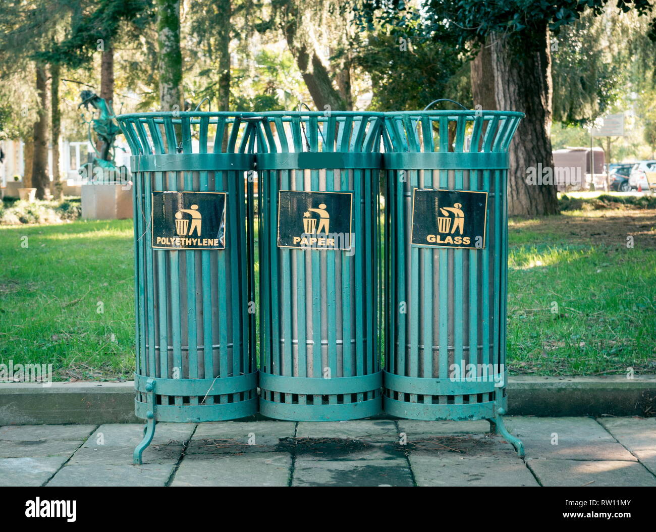 Garbage bins in the park Stock Photo - Alamy