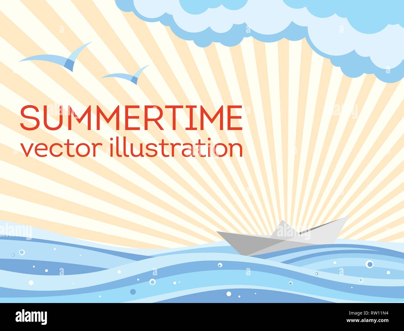 Summer background. Summertime theme. Paper ship origami sailing on the ...