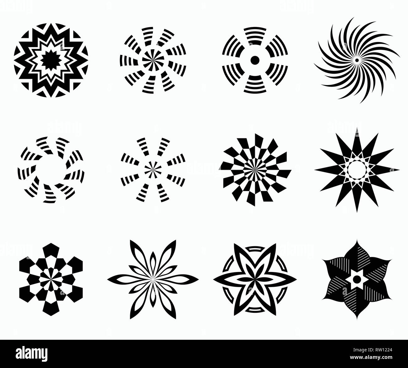 Abstract symmetric geometric center shapes. Black color. Vector symbols ...