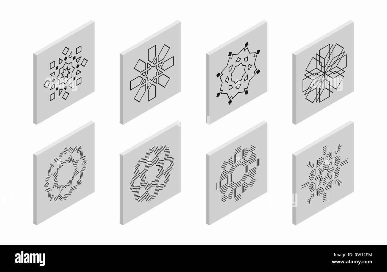 Isometric icons with abstract symmetric symbols. Flat 3D tiles ...