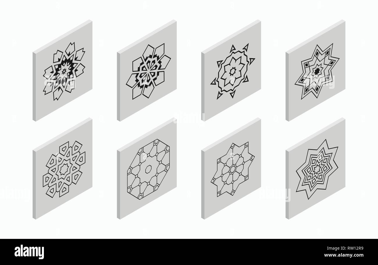 Isometric icons with abstract symmetric symbols. Flat 3D tiles ...