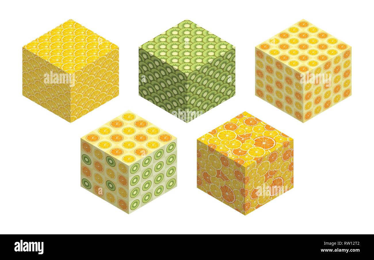 3D cubes with fruit backgrounds on each side. Set of spatial figures ...