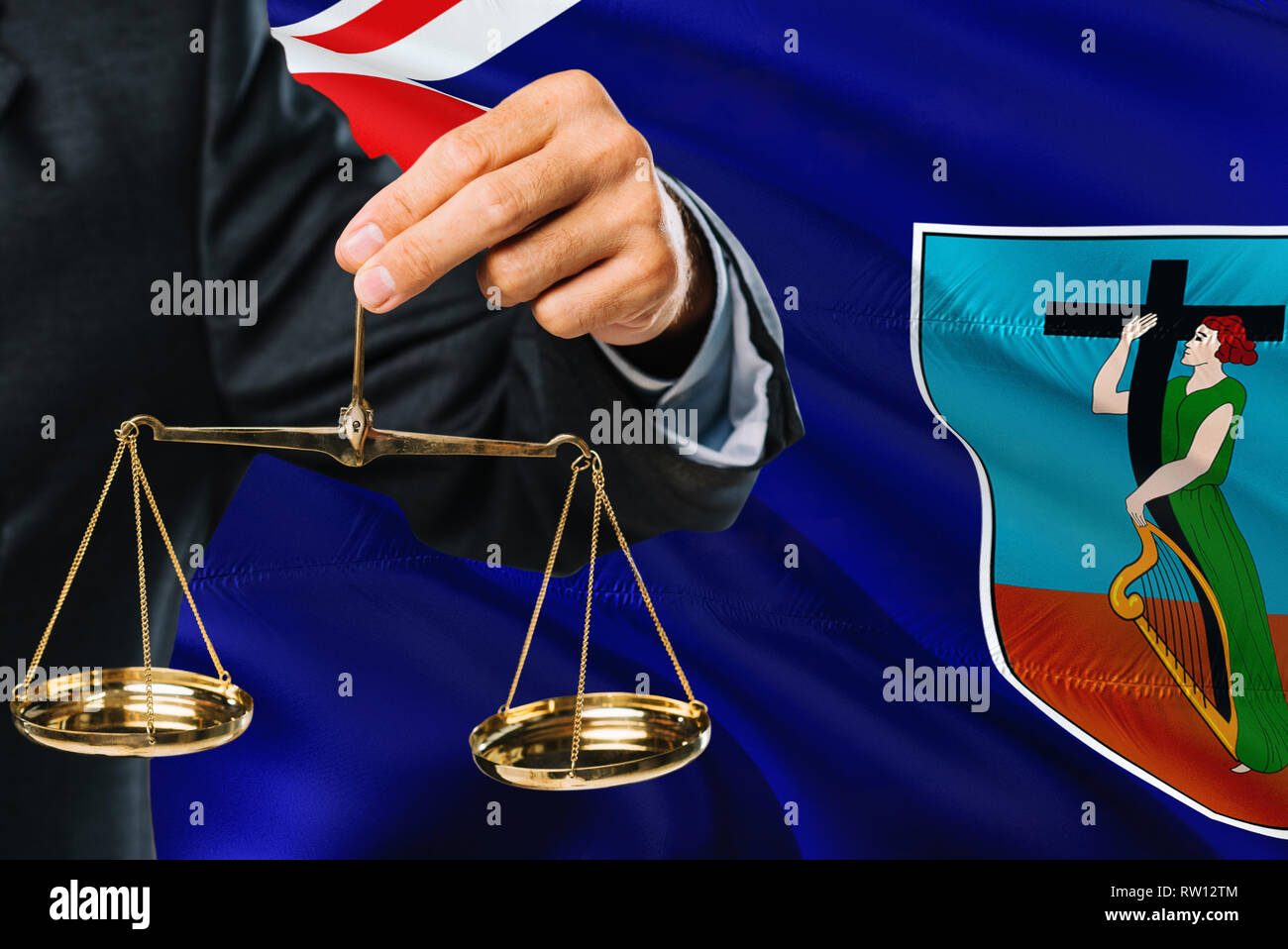 Judge Is Holding Golden Scales Of Justice With Montserrat Waving Flag