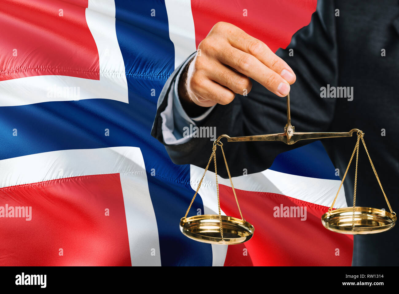 Norwegian Judge is holding golden scales of justice with Norway waving ...