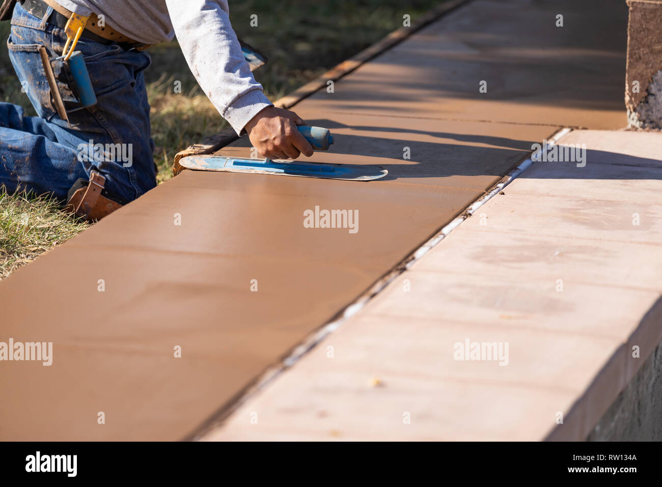 Construction Worker Smoothing Wet Cement With Trowel Tools Stock Photo ...