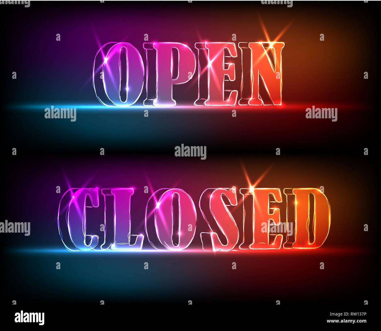 Open, close signborads. Neon effect in blue and red colors on dark ...