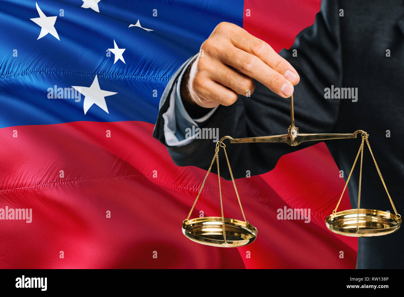 Samoan Judge is holding golden scales of justice with Samoa waving flag ...