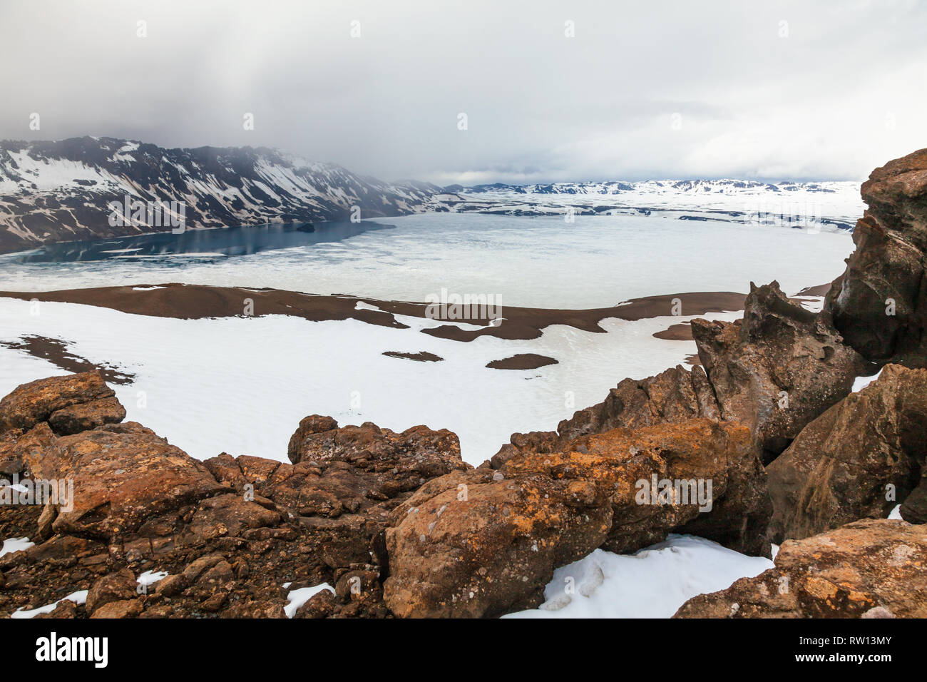 Frozen Öskjuvatn (lake of Askja) lake, the second deepest lake in ...