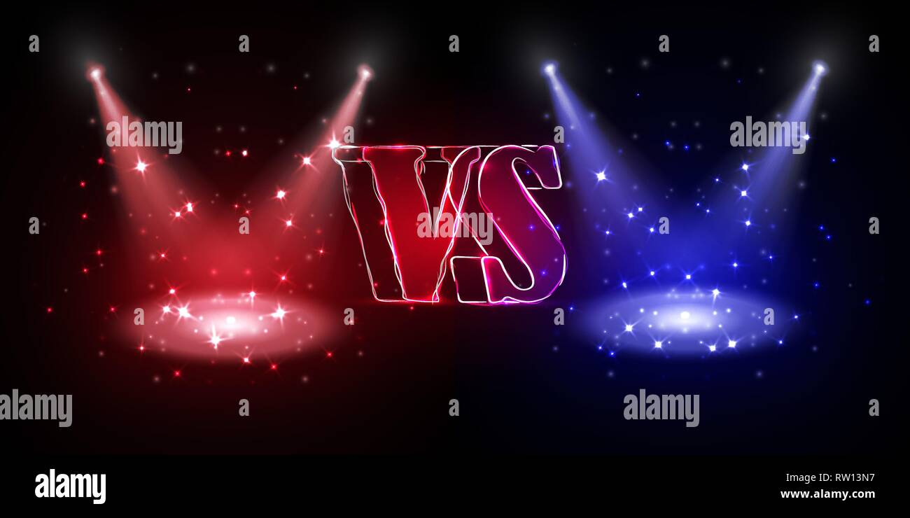 Versus round blue and red glow rays night scene with sparks on dark ...