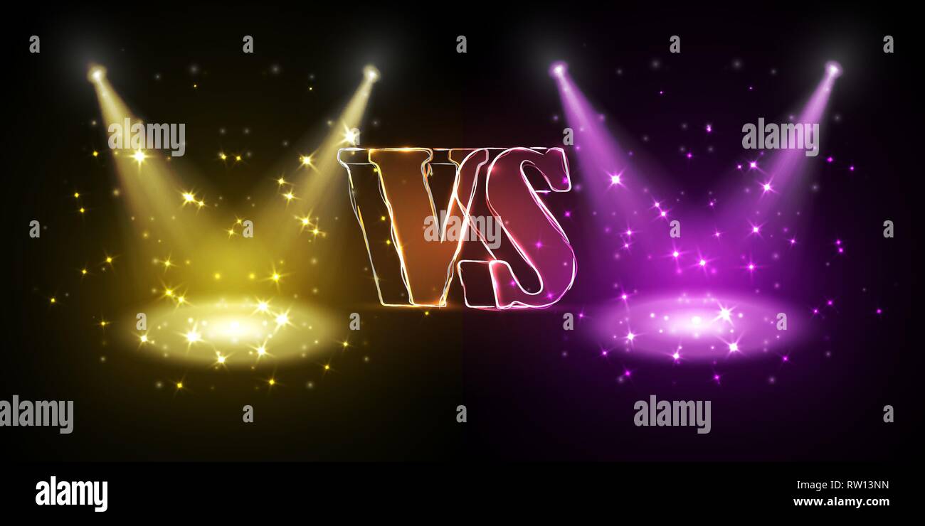 Versus round pink and yellow glow rays night scene with sparks on dark ...