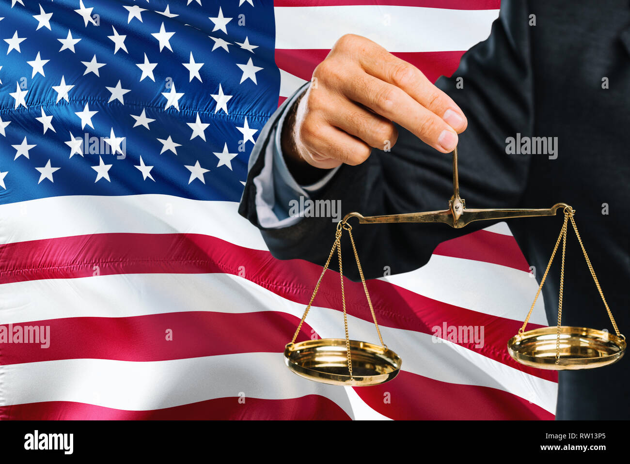 American Judge Is Holding Golden Scales Of Justice With United States
