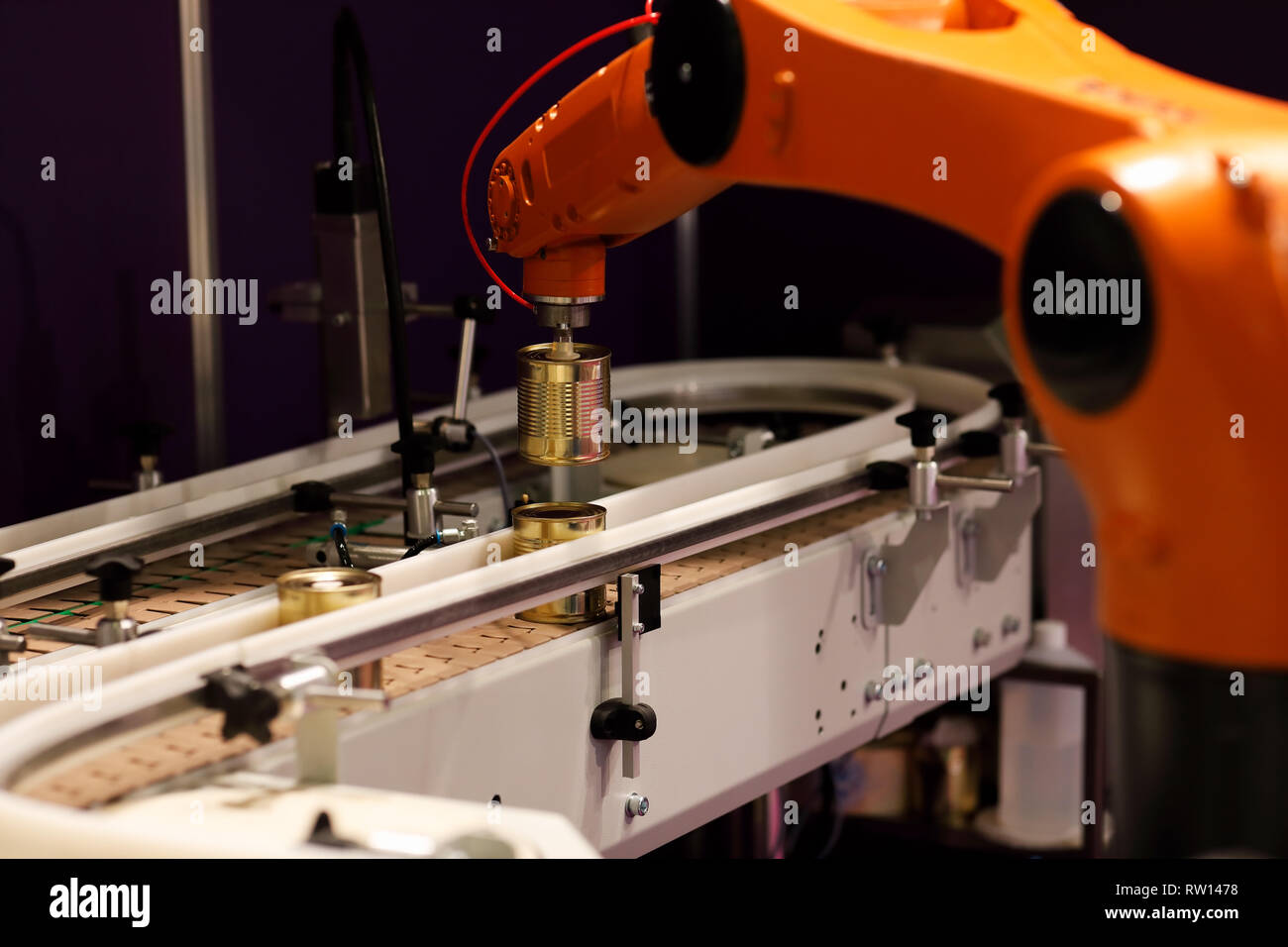 Conveyor system with pick and place robotic arm. Selective focus Stock ...