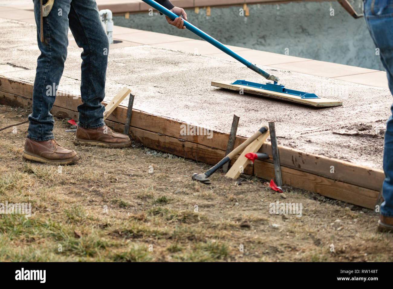 Construction Worker Smoothing Wet Cement With Trowel Tool Stock Photo ...