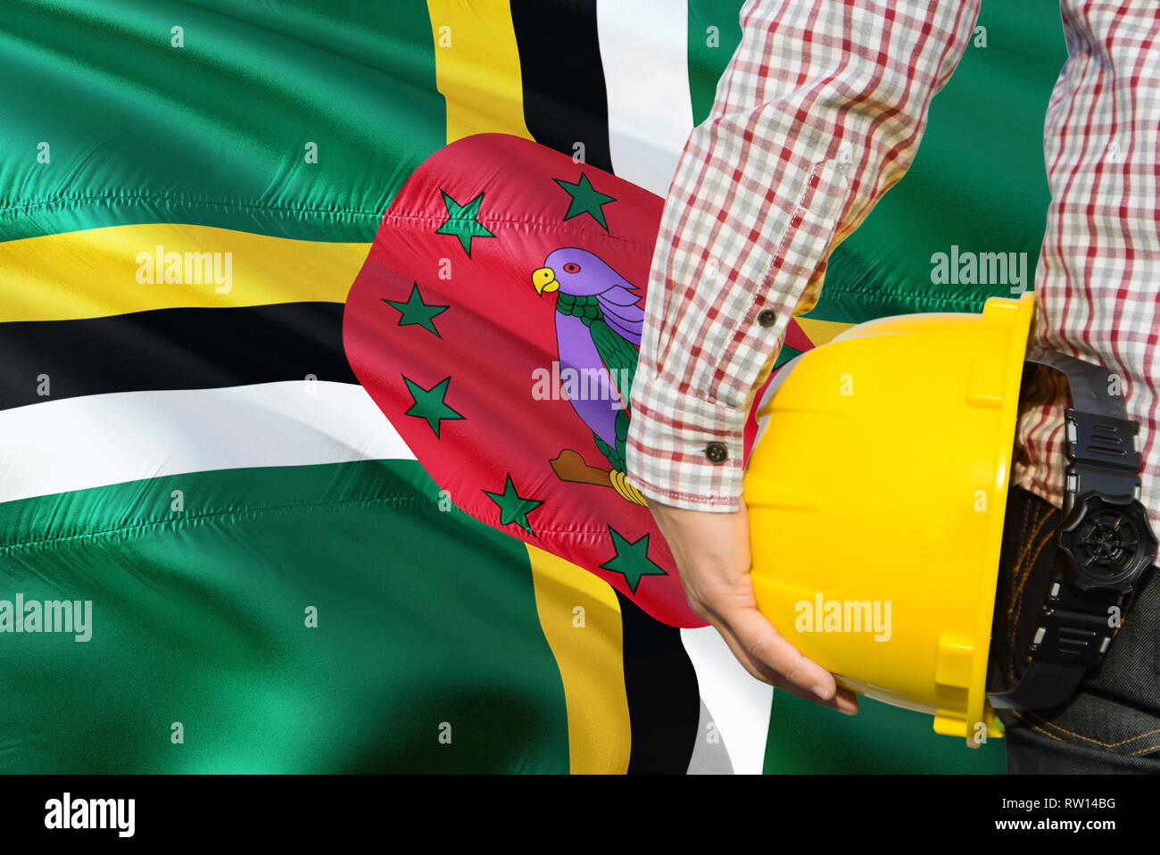 Dominican Engineer is holding yellow safety helmet with waving Dominica ...