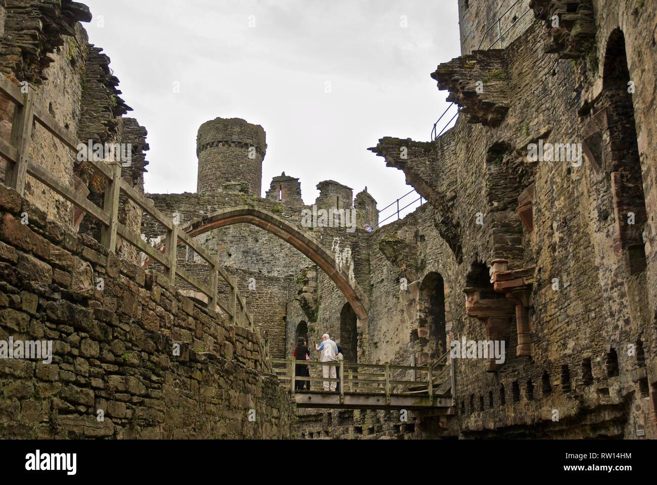 Interior of grand hall with remains of archways and beam holes, Conwy ...