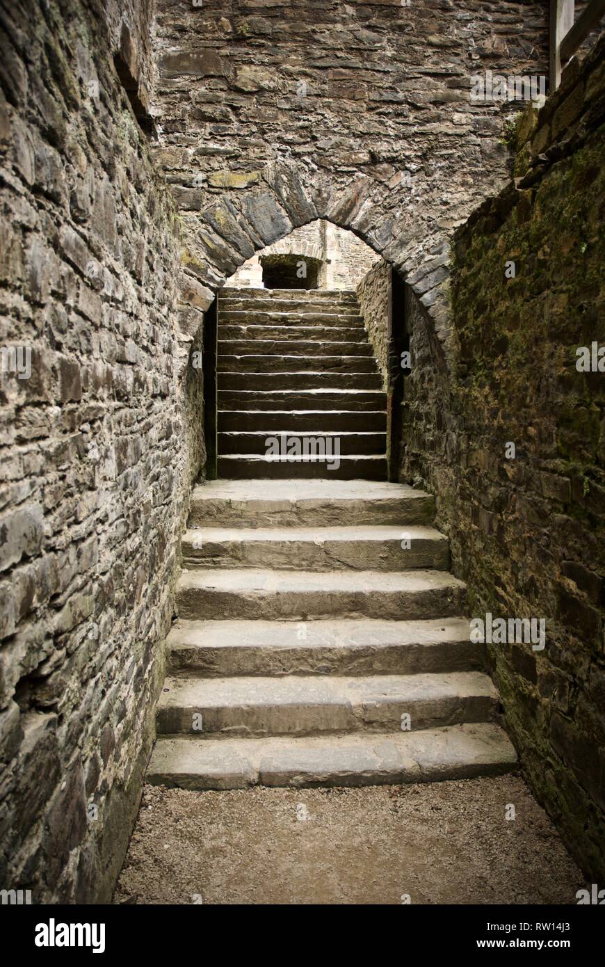 Stone steps pass through a gothic arch, Conwy Castle, Conwy, North ...