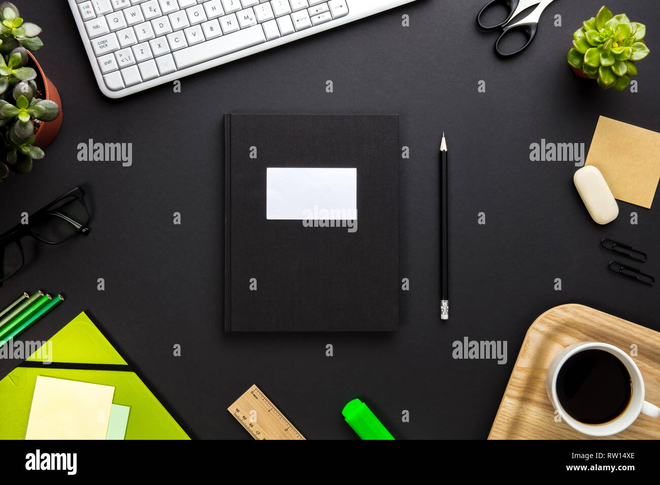 Folder With Label Surrounded By Office Equipment On Gray Desk Stock ...