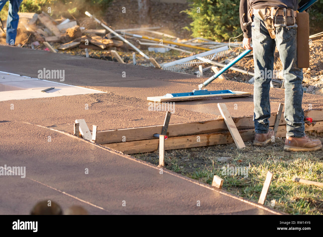 Construction Worker Smoothing Wet Cement With Trowel Tool Stock Photo ...