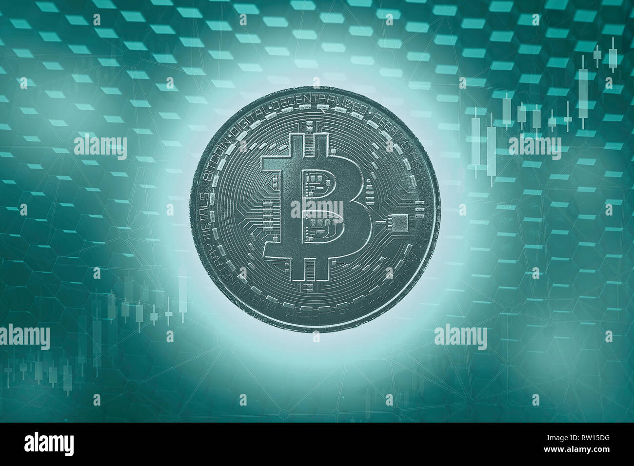 Bitcoins and New Virtual money concept. Green bitcoin with Candle stick ...