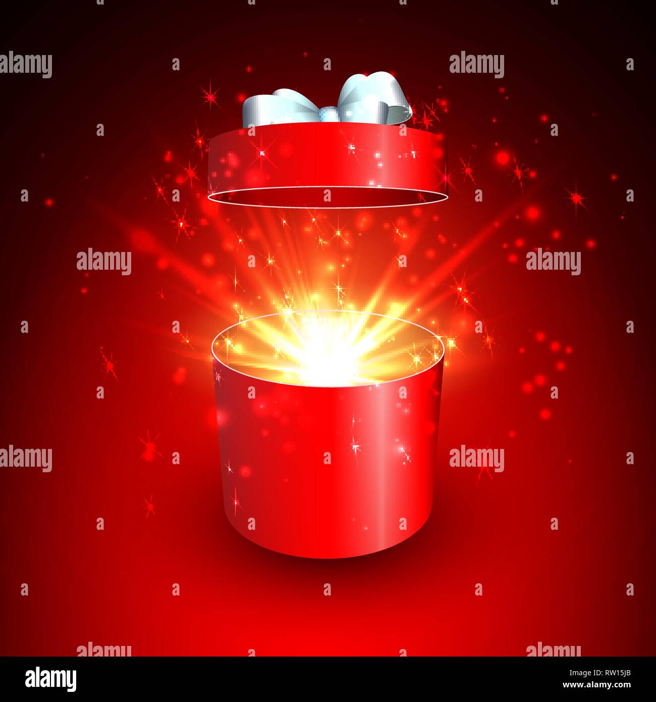 Open gift box and magic light fireworks Christmas vector background ...