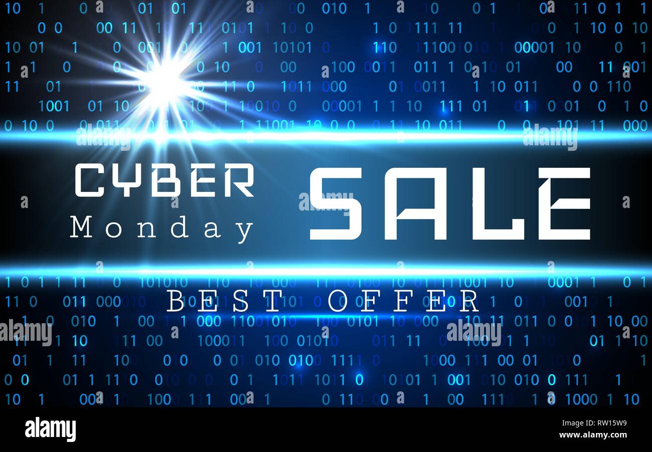 Cyber Monday Sale vector banner template. Blue shining binary code ...