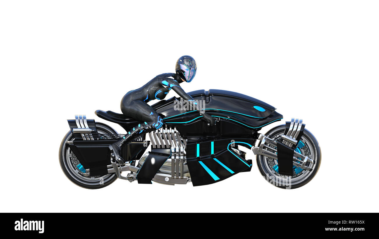Biker girl with helmet riding a sci-fi bike, black futuristic ...