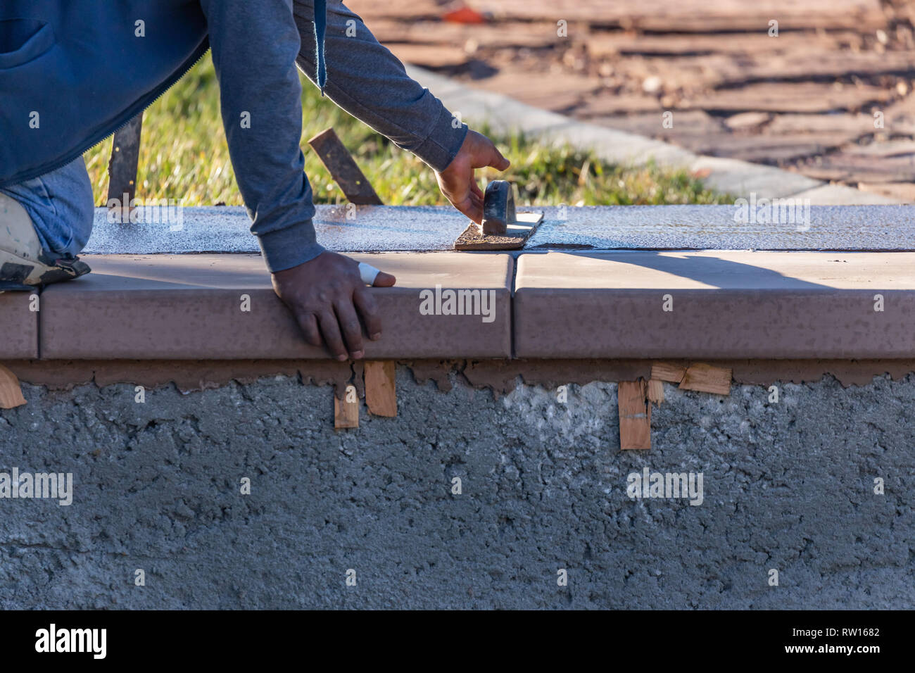 Construction Worker Smoothing Wet Cement With Trowel Tools Stock Photo ...