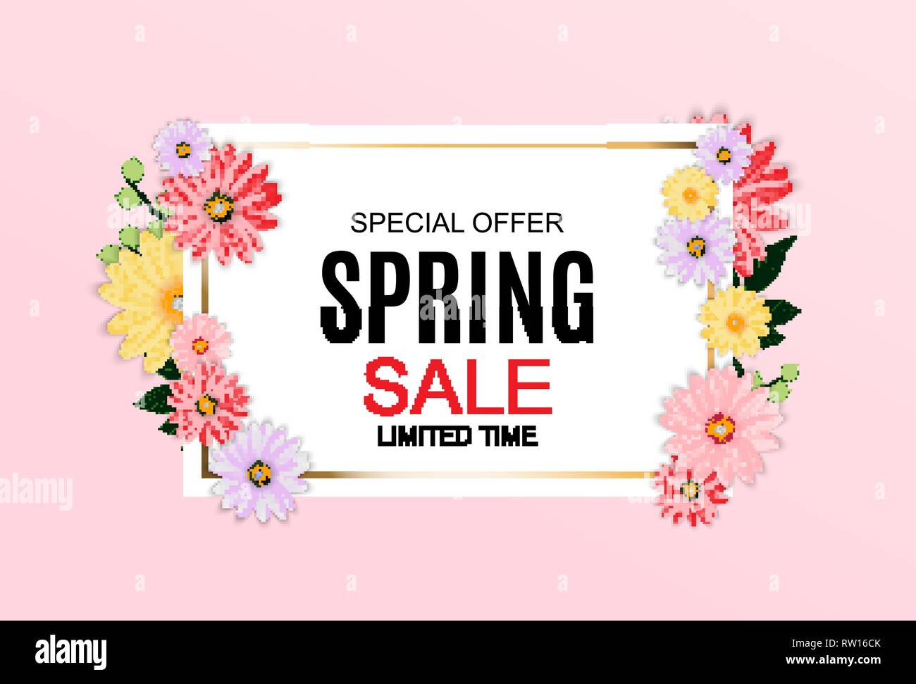 Spring Sale Cute Background with Colorful Flower Elements. Vector ...
